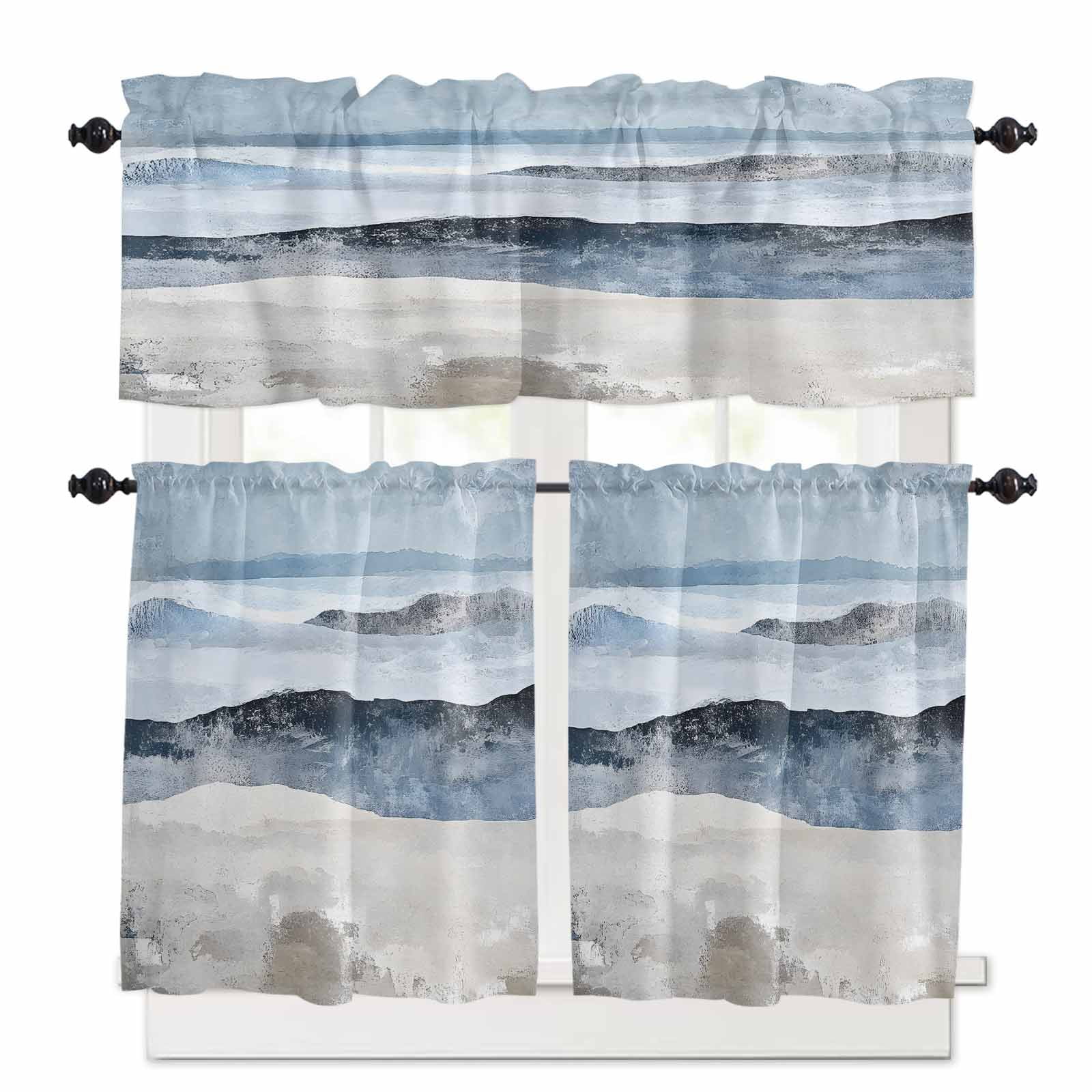 Abstract Beach Wave Art Kitchen Curtains Valance and Tier Set Seaside ...
