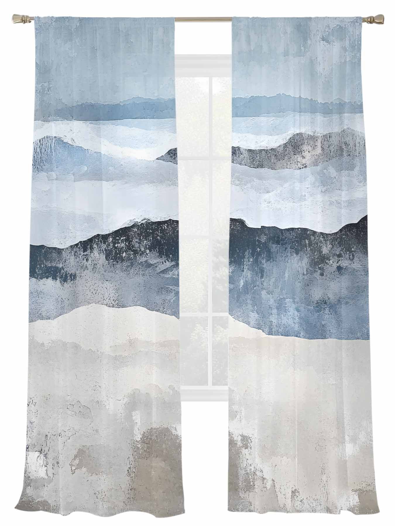 Abstract Beach Wave Art Sheer Curtains 108 inches Long 2 Panels Set ...