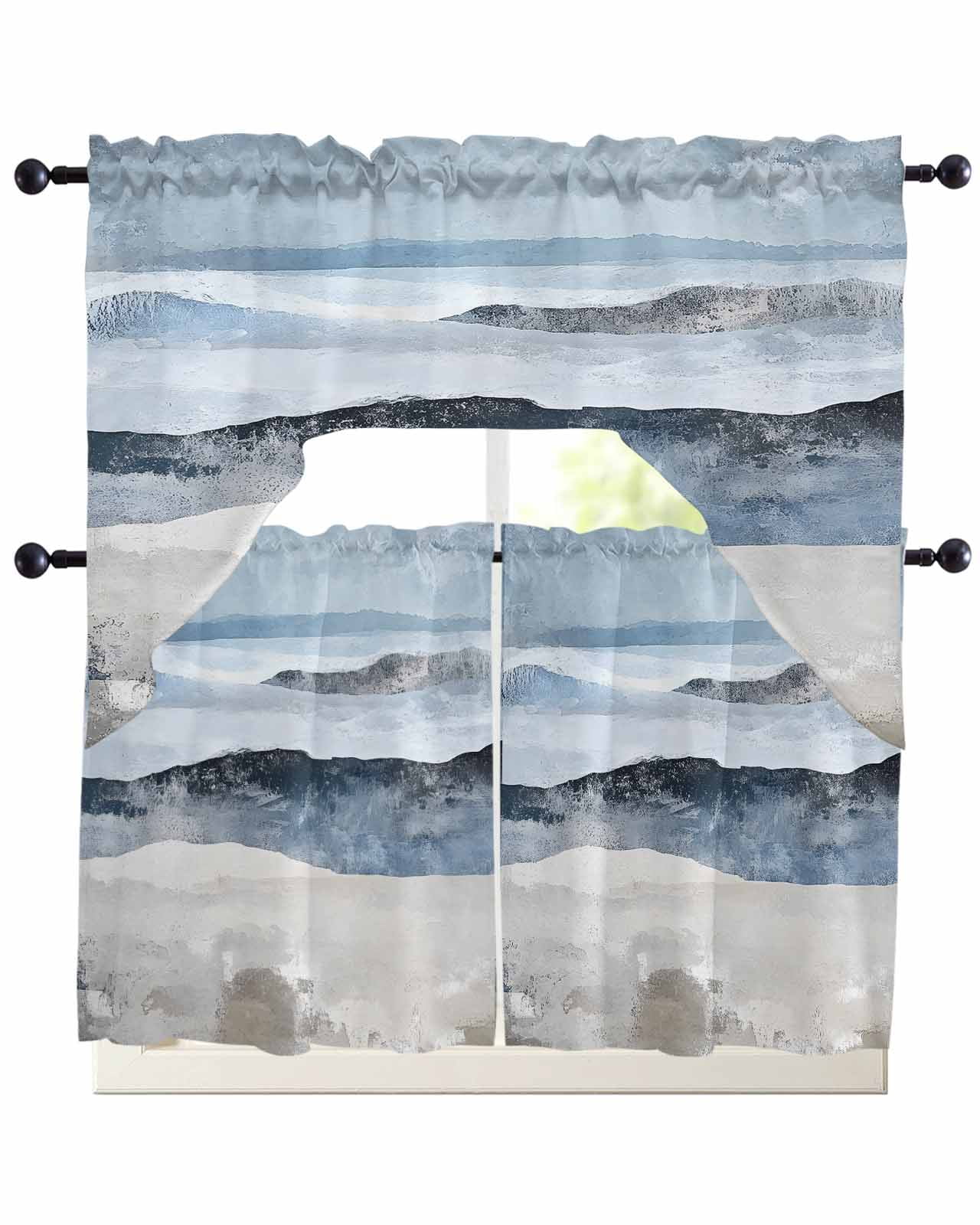 Abstract Beach Wave Art Swag Valance and Tier Curtains Set Seaside Blue ...