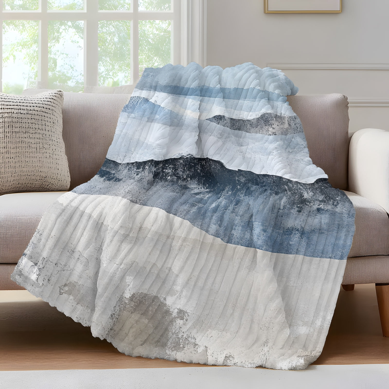 Abstract Beach Wave Art Throw Blanket for Couch Seaside Blue Oil ...