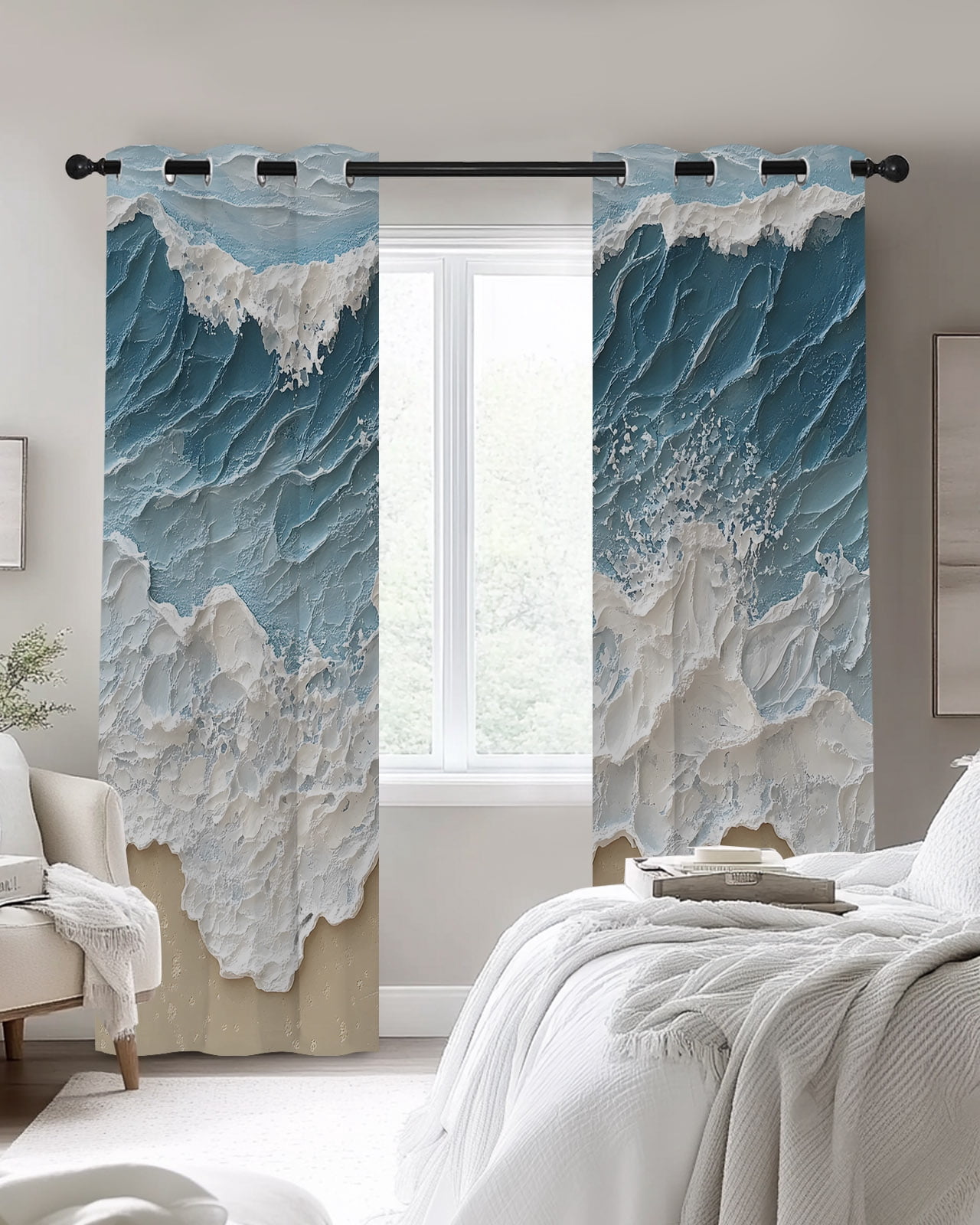 Abstract Beach Wave Blackout Curtains 2 Panels, Blue Watercolor Modern ...