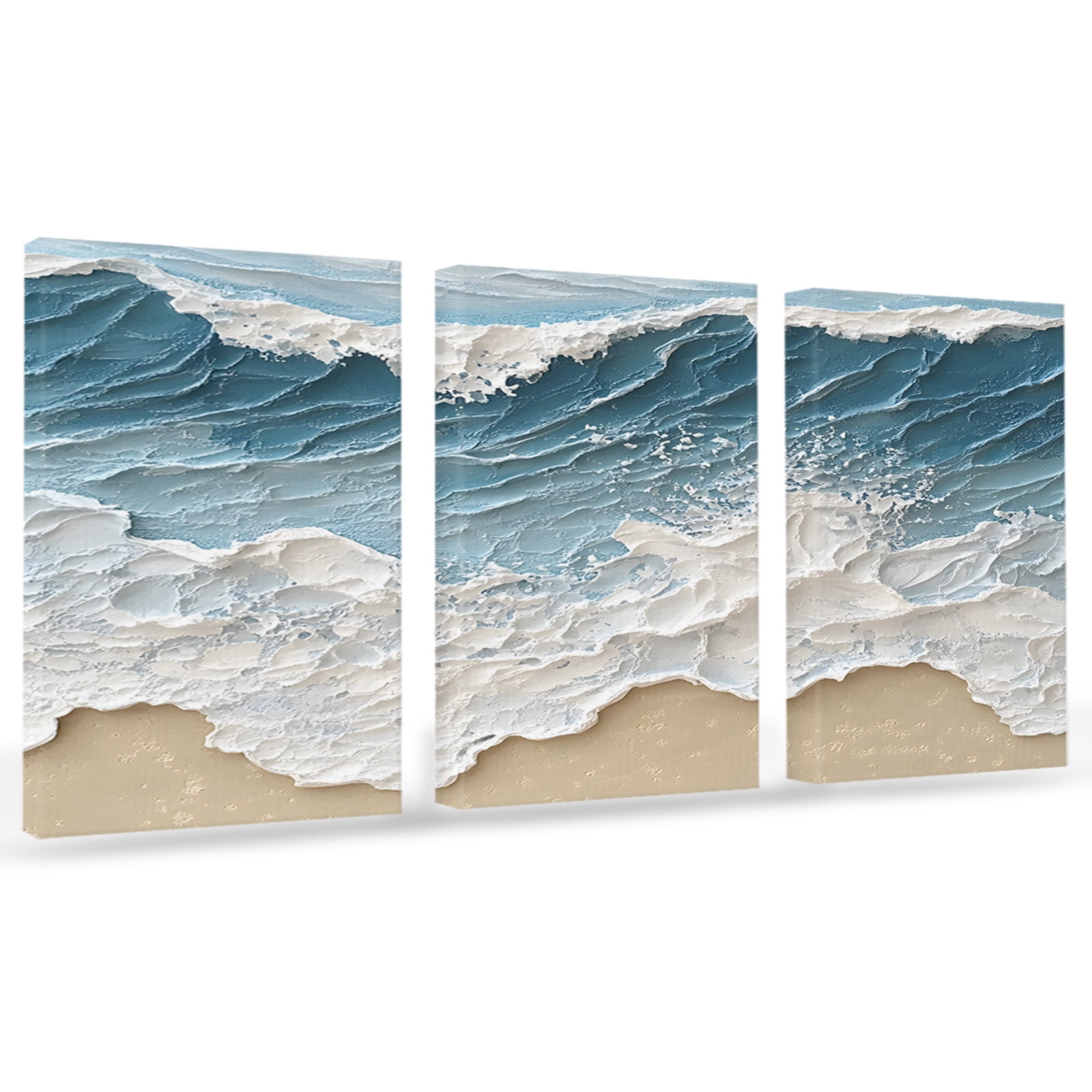 Abstract Beach Wave Canvas Wall Art 3 Panels, Blue Watercolor Modern ...