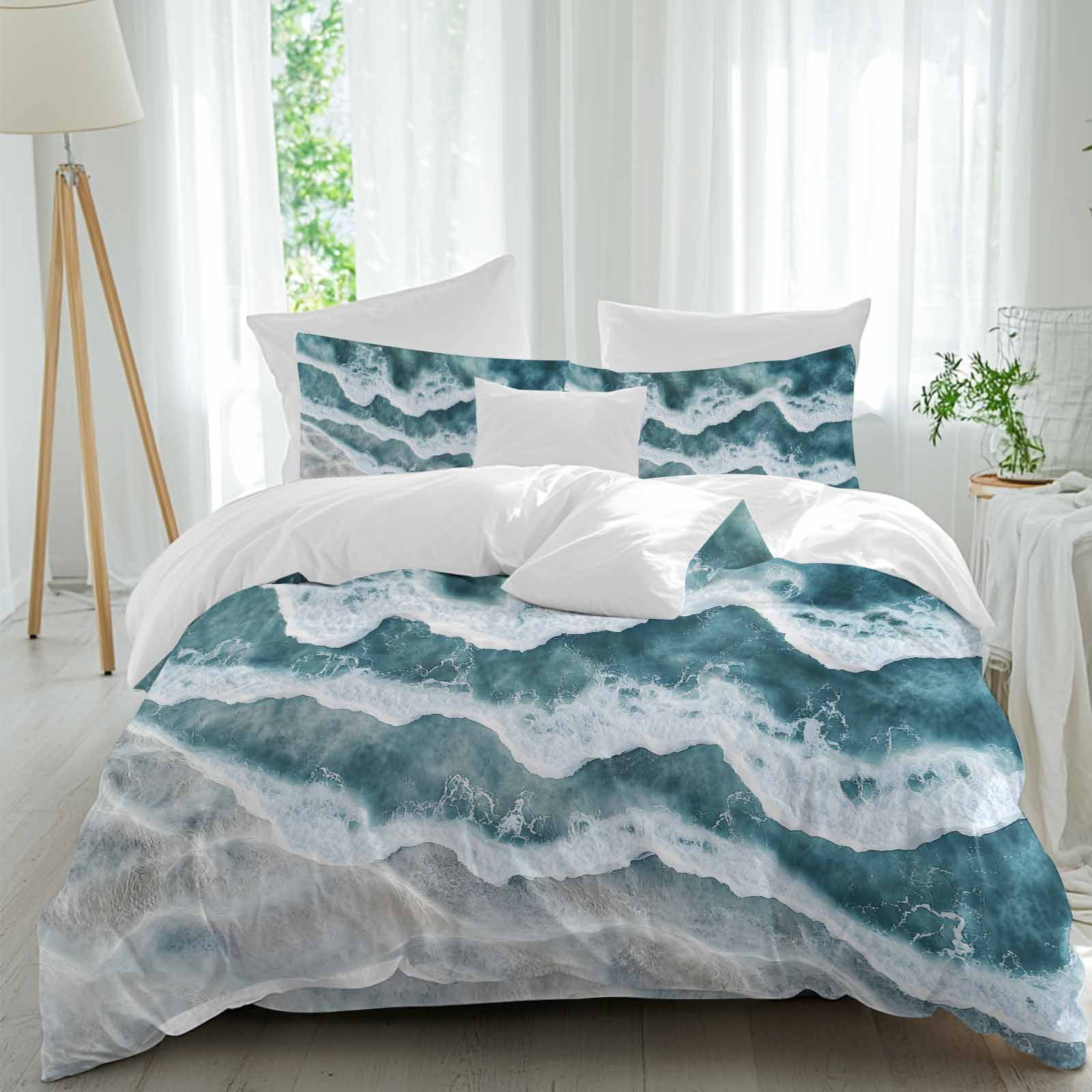 Abstract Beach Wave Duvet Cover Set Queen Size, Watercolor Blue Ocean 4 ...