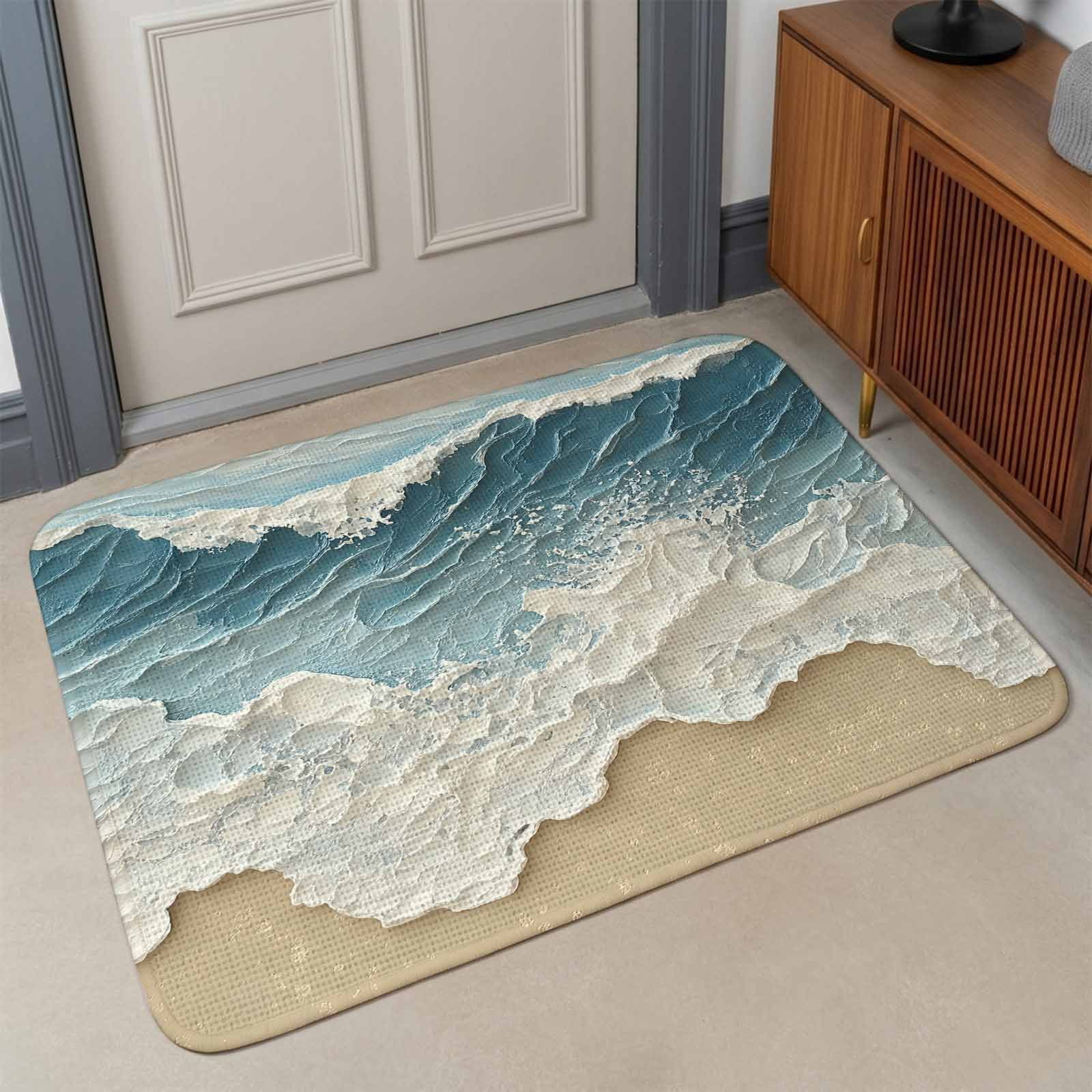 Abstract Beach Wave Front Door Mat Indoor Entrance, Blue Watercolor ...