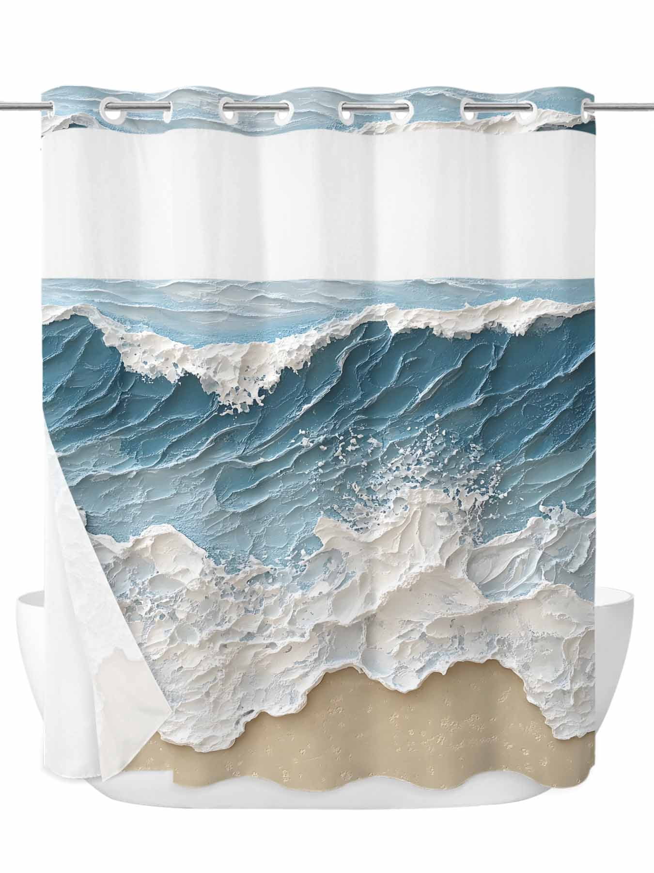 Abstract Beach Wave No Hook Shower Curtain and Liner Set Blue ...