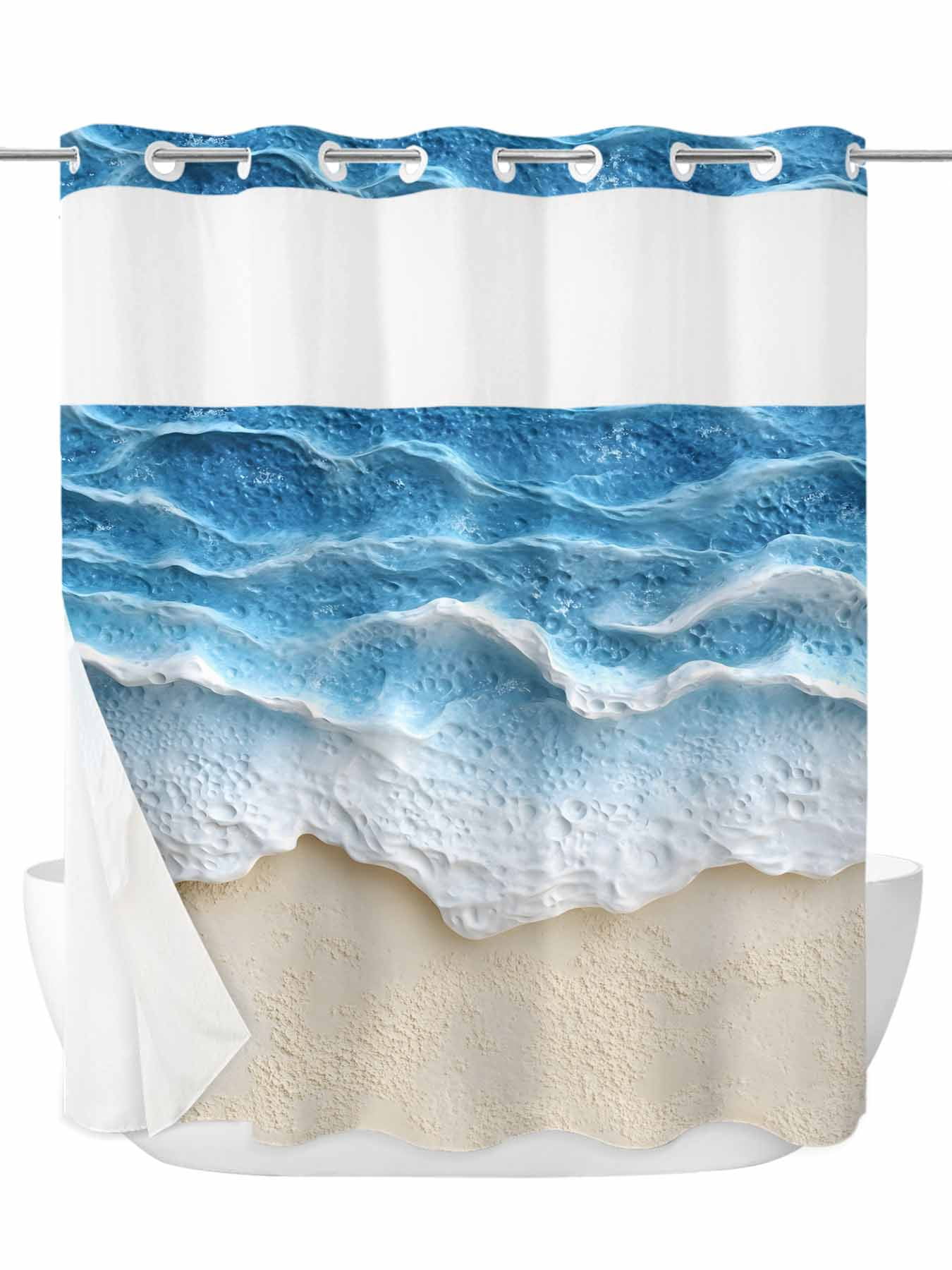 Abstract Beach Wave No Hook Shower Curtain and Liner Set Watercolor ...