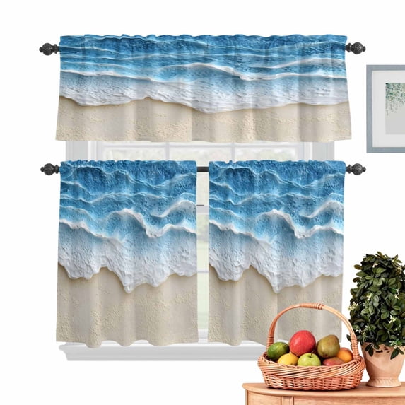 Abstract Beach Wave Kitchen Curtains Valances 3 Piece Set, Watercolor ...