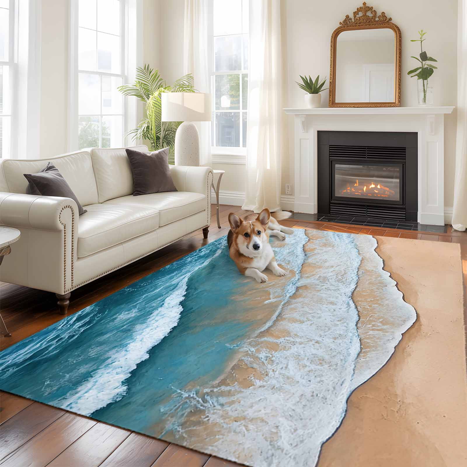 Abstract Beach Wave Large Area Rugs 6x9 ft Watercolor Blue Ocean Sand ...