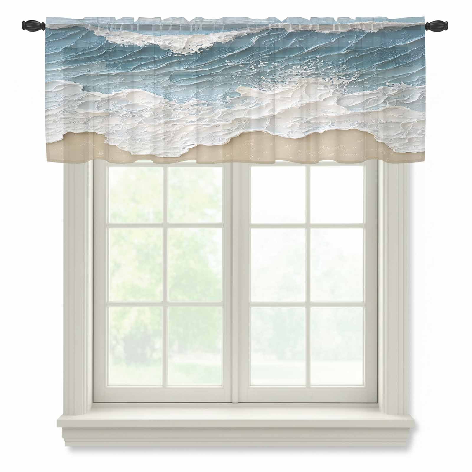 Abstract Beach Wave Semi Sheer Valance Curtains, Blue Watercolor Modern ...