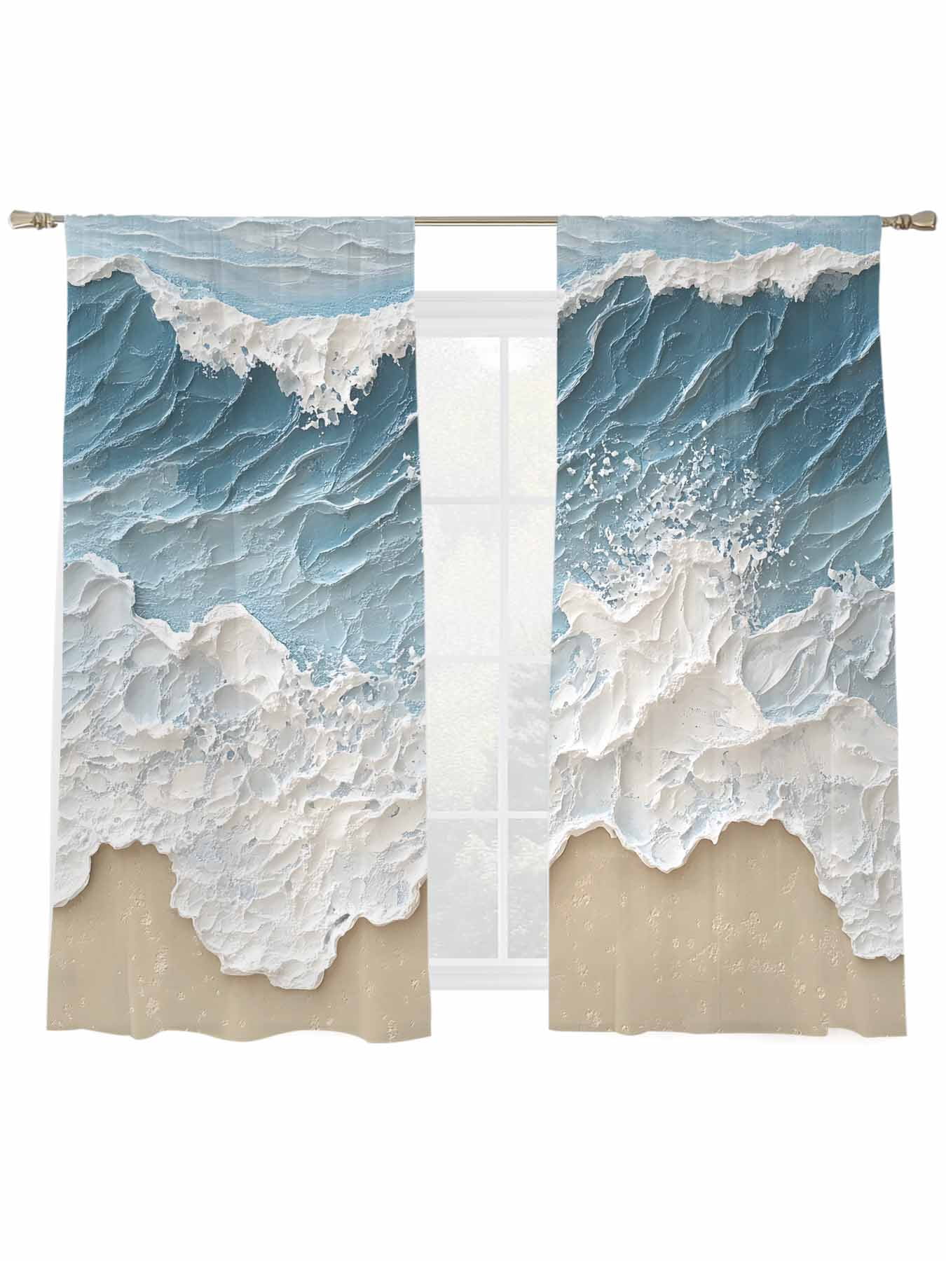 Abstract Beach Wave Sheer Curtains 63 inches Long, Blue Watercolor ...