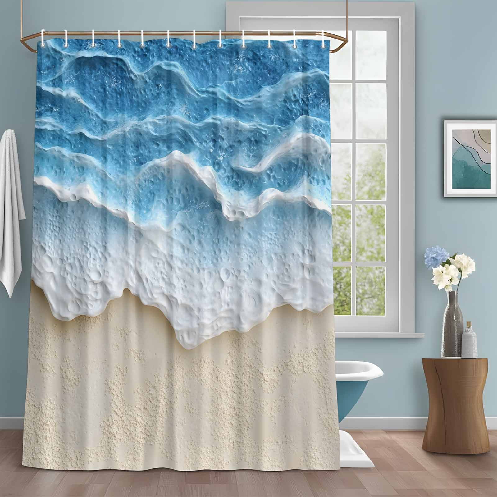 Abstract Beach Wave Shower Curtains for Bathroom, Watercolor Blue Ocean ...