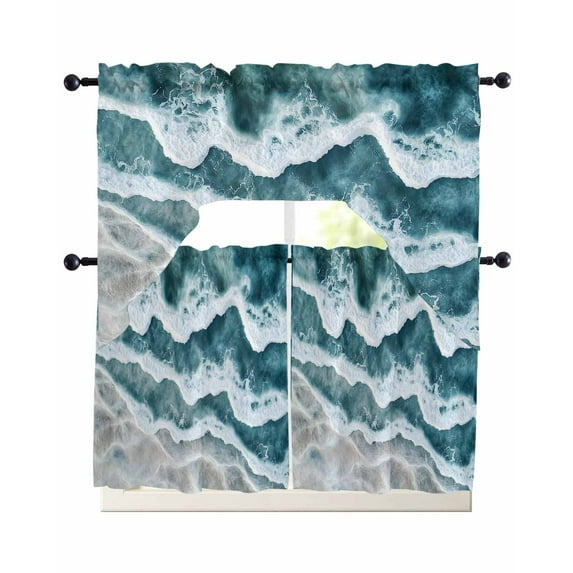 Abstract Beach Wave Swag Valance and Tier Curtains Set Watercolor Blue ...