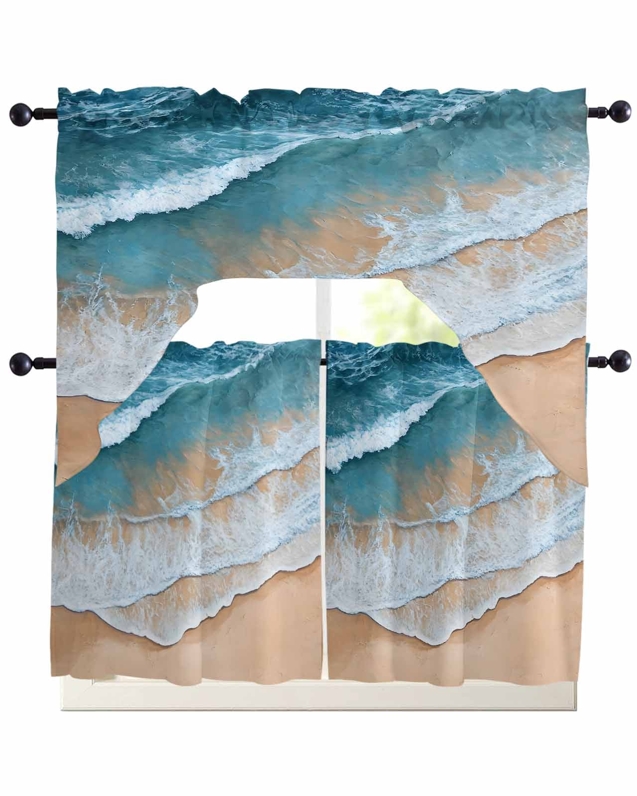 Abstract Beach Wave Swag Valance and Tier Curtains Set Watercolor Blue ...