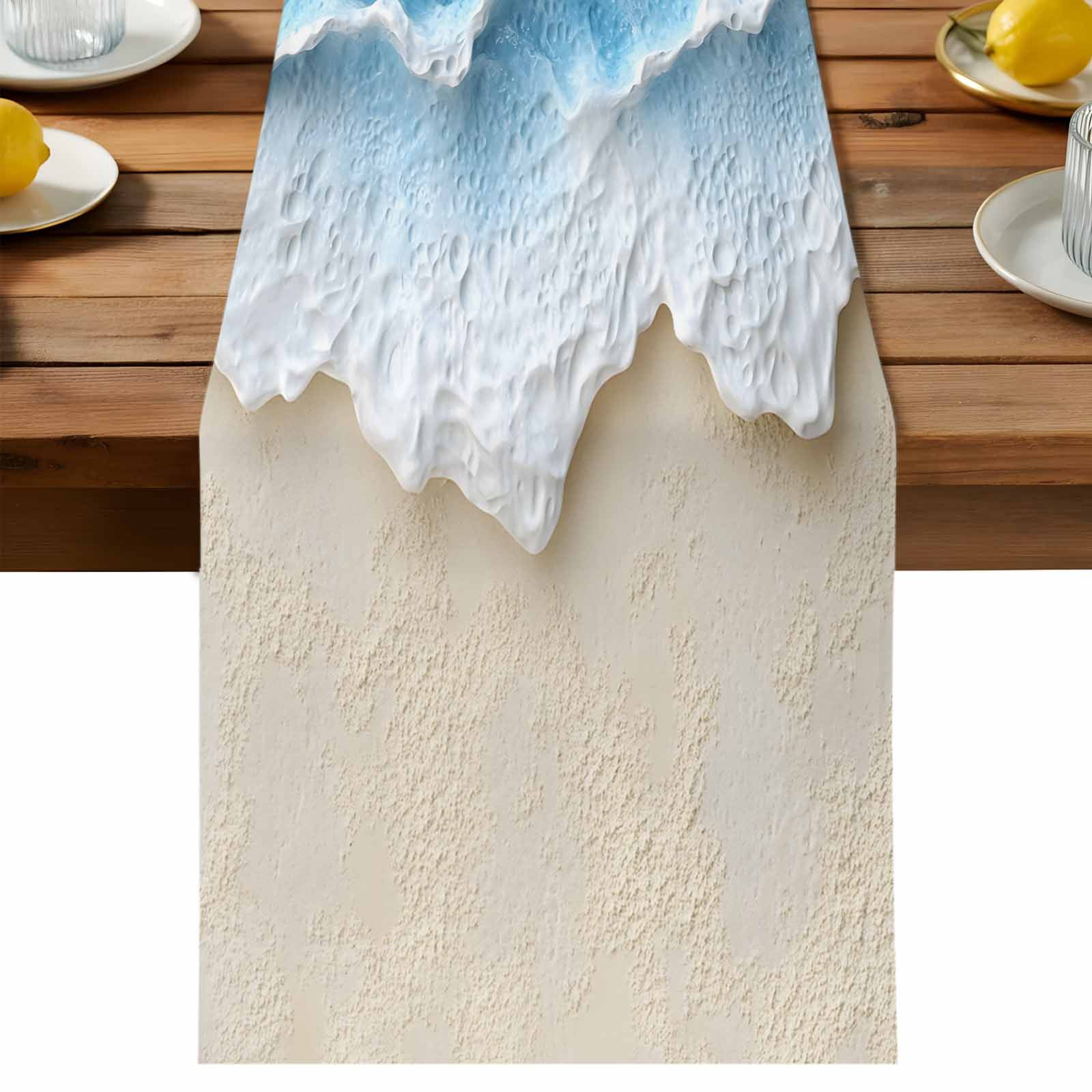 Abstract Beach Wave Table Runner, Watercolor Blue Ocean Decor Cotton ...