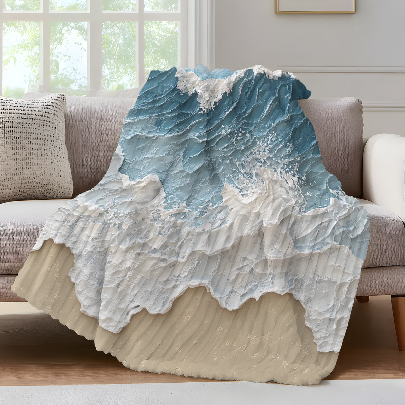 Abstract Beach Wave Throw Blanket for Couch Blue Watercolor Modern Art ...