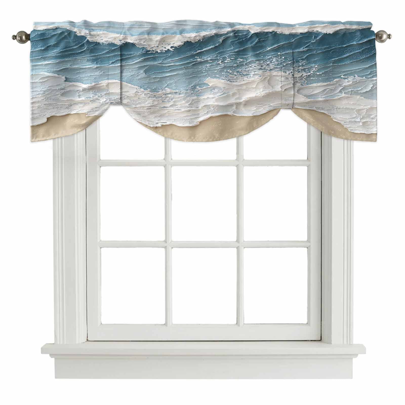 Abstract Beach Wave Tie Up Valances Curtain, Blue Watercolor Modern Art ...