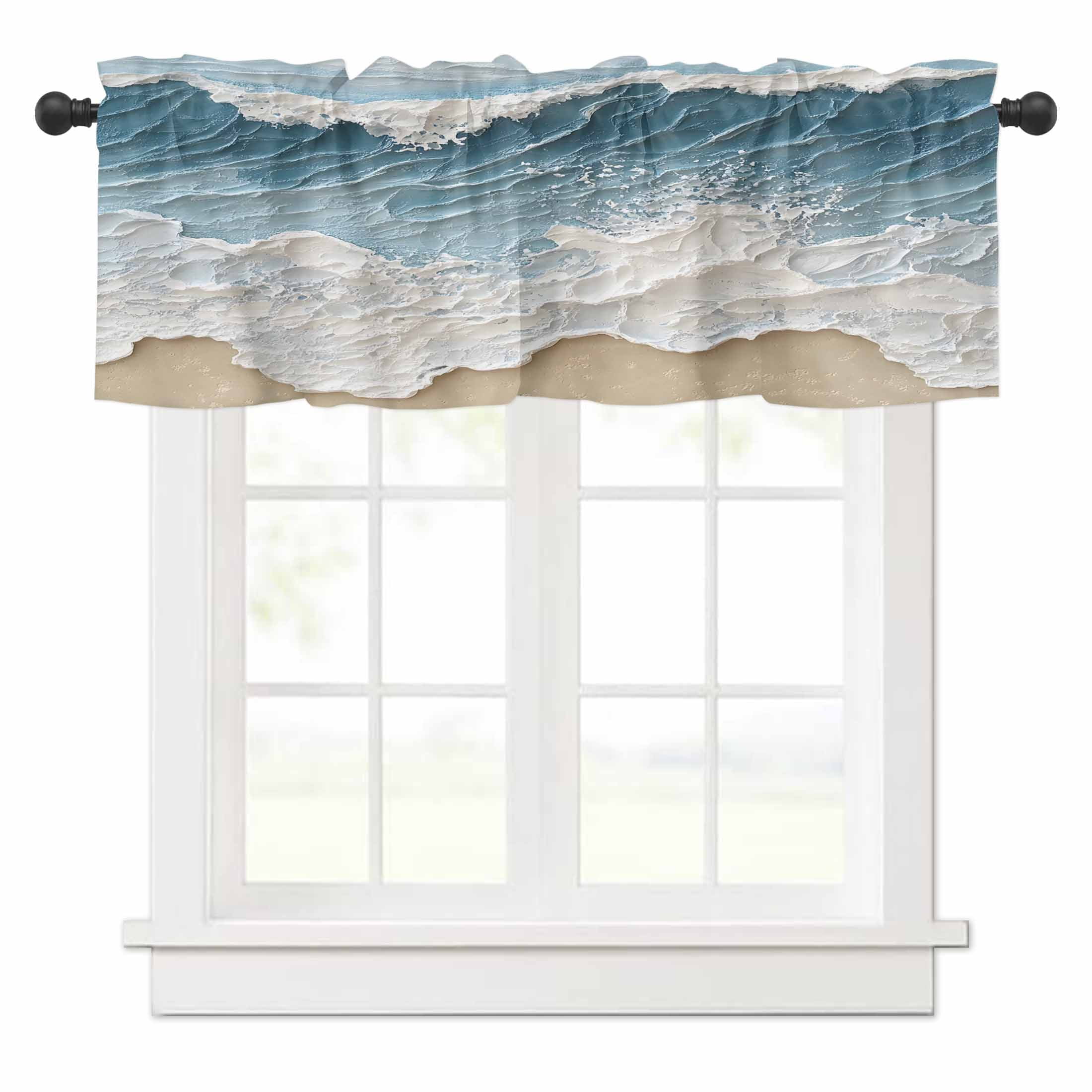Abstract Beach Wave Valances for Windows Blue Watercolor Modern Art Rod ...