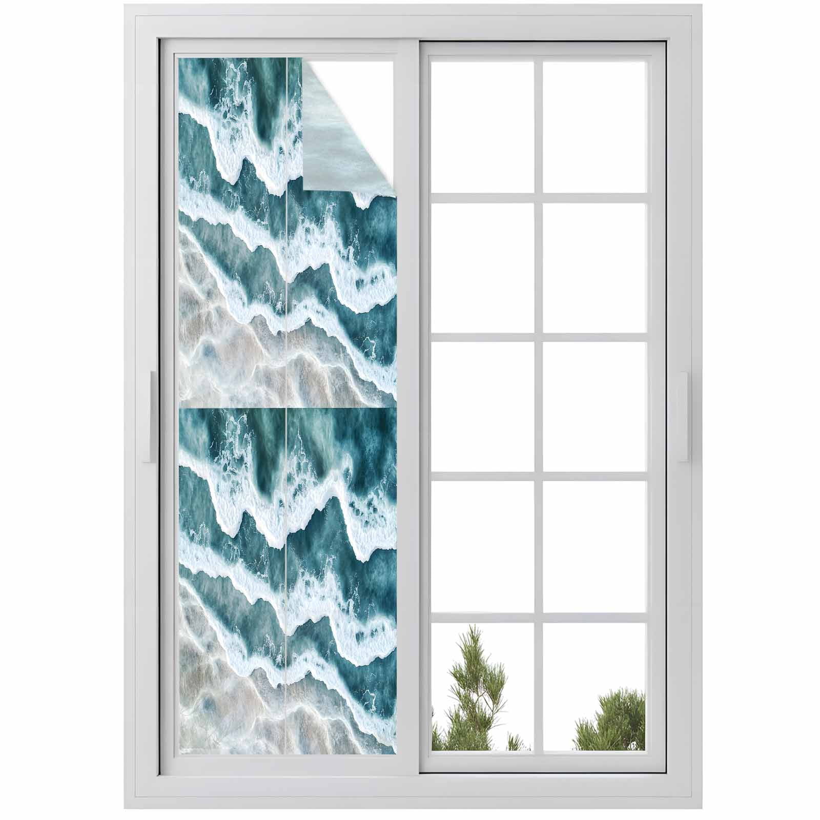 Abstract Beach Wave Window Privacy Film, Watercolor Blue Ocean Frosted ...