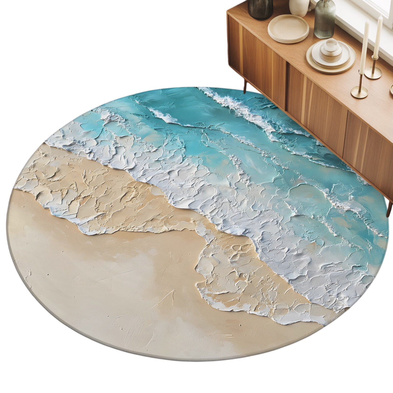 Abstract Beach Waves Area Rugs 5' (Round) Blue Watercolor Modern Art ...