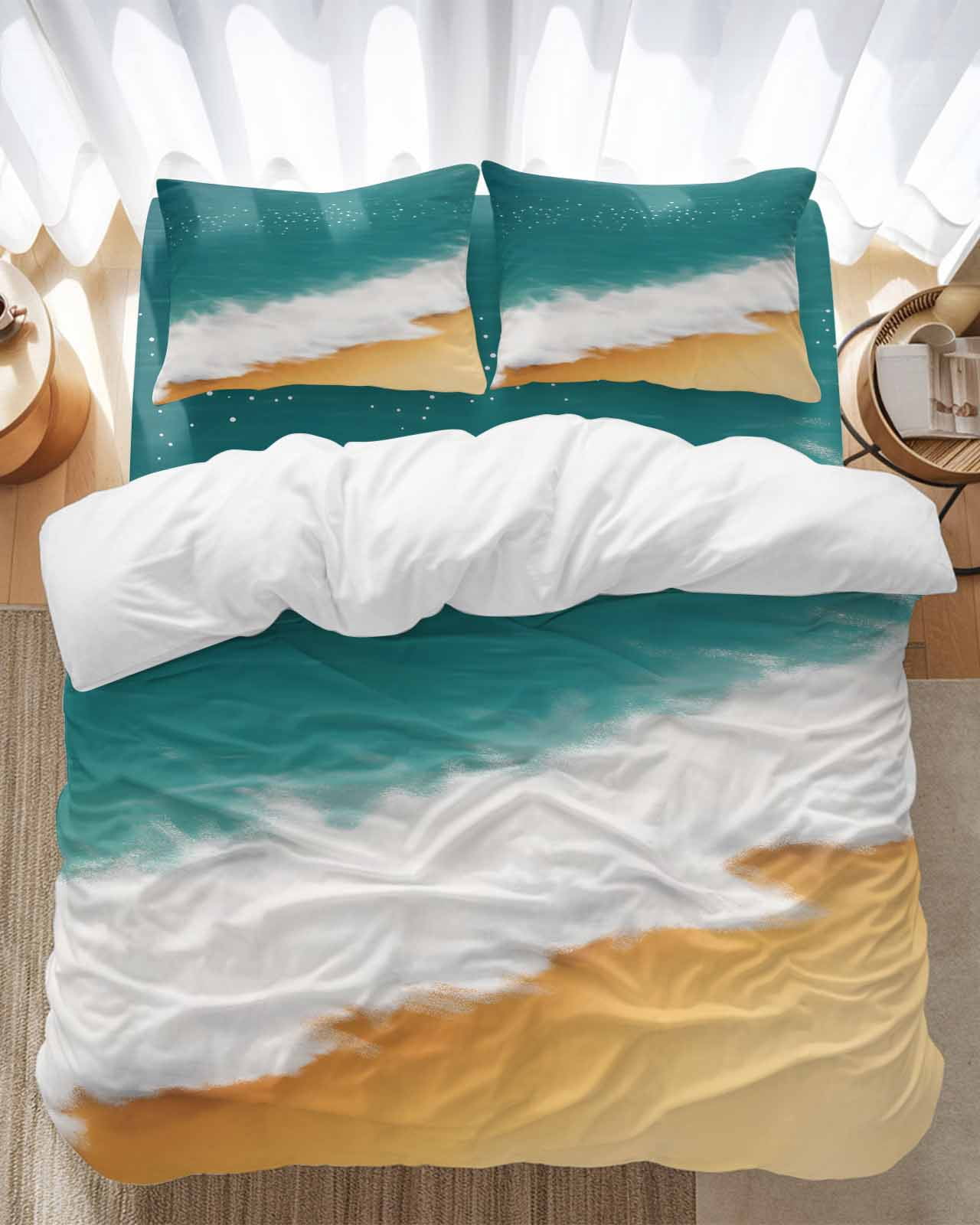 Abstract Beach Waves Bedding Duvet Cover Set Queen Size 4 Pieces Blue ...