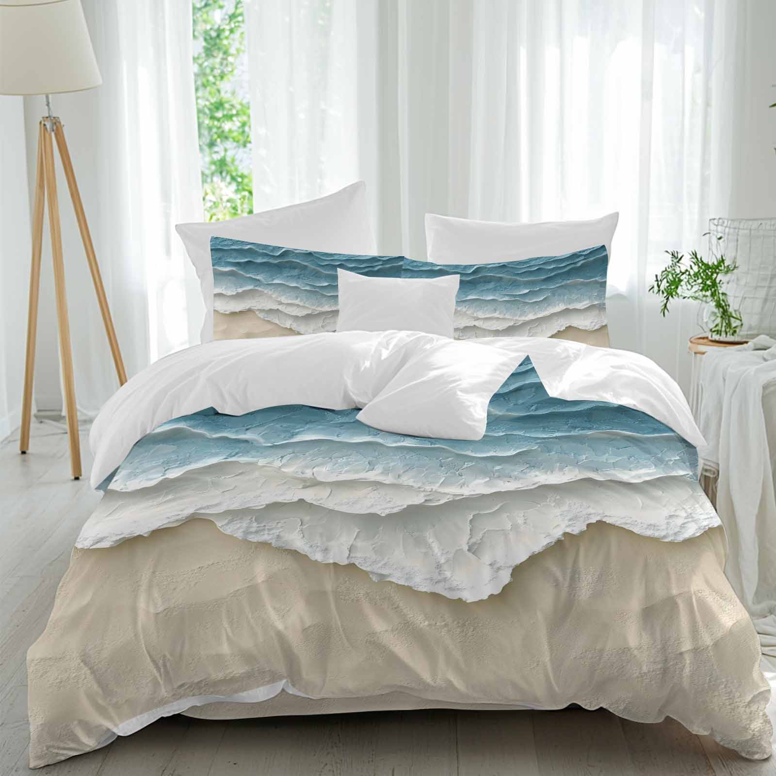 Abstract Beach Waves Duvet Cover Set Full Size, Watercolor Blue Ocean ...