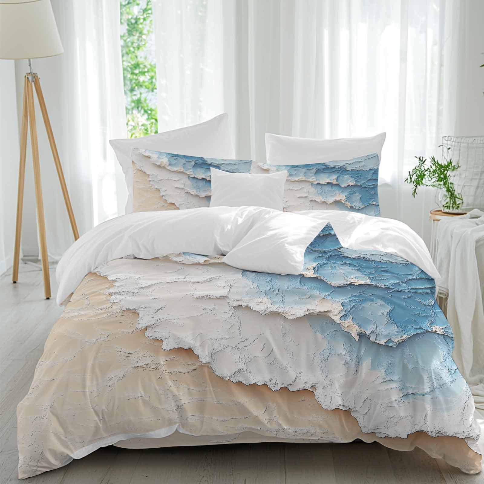 Abstract Beach Waves Duvet Cover Set Twin Size, Watercolor Blue Ocean ...