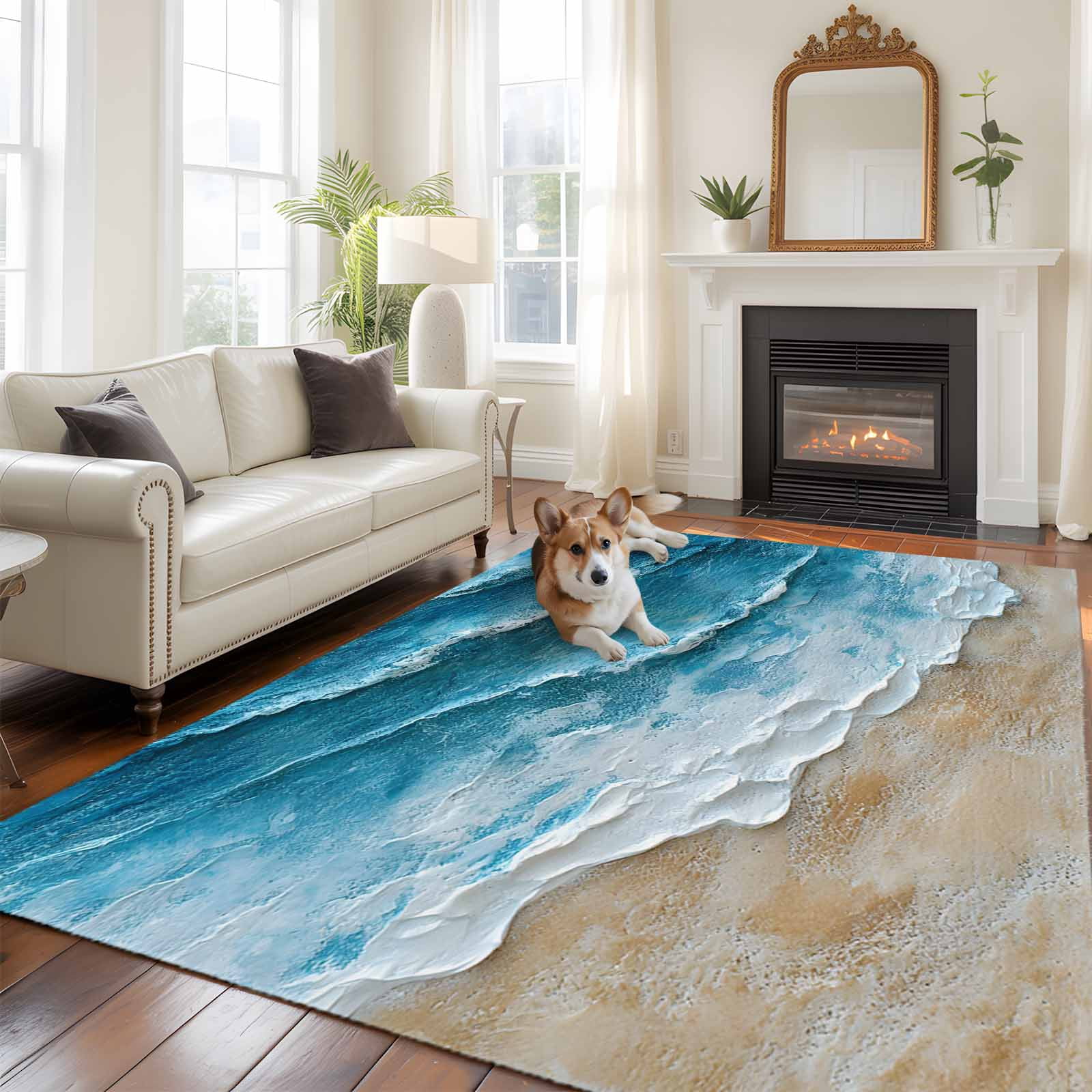 Abstract Beach Waves Large Area Rugs 8x10 ft Watercolor Blue Ocean ...