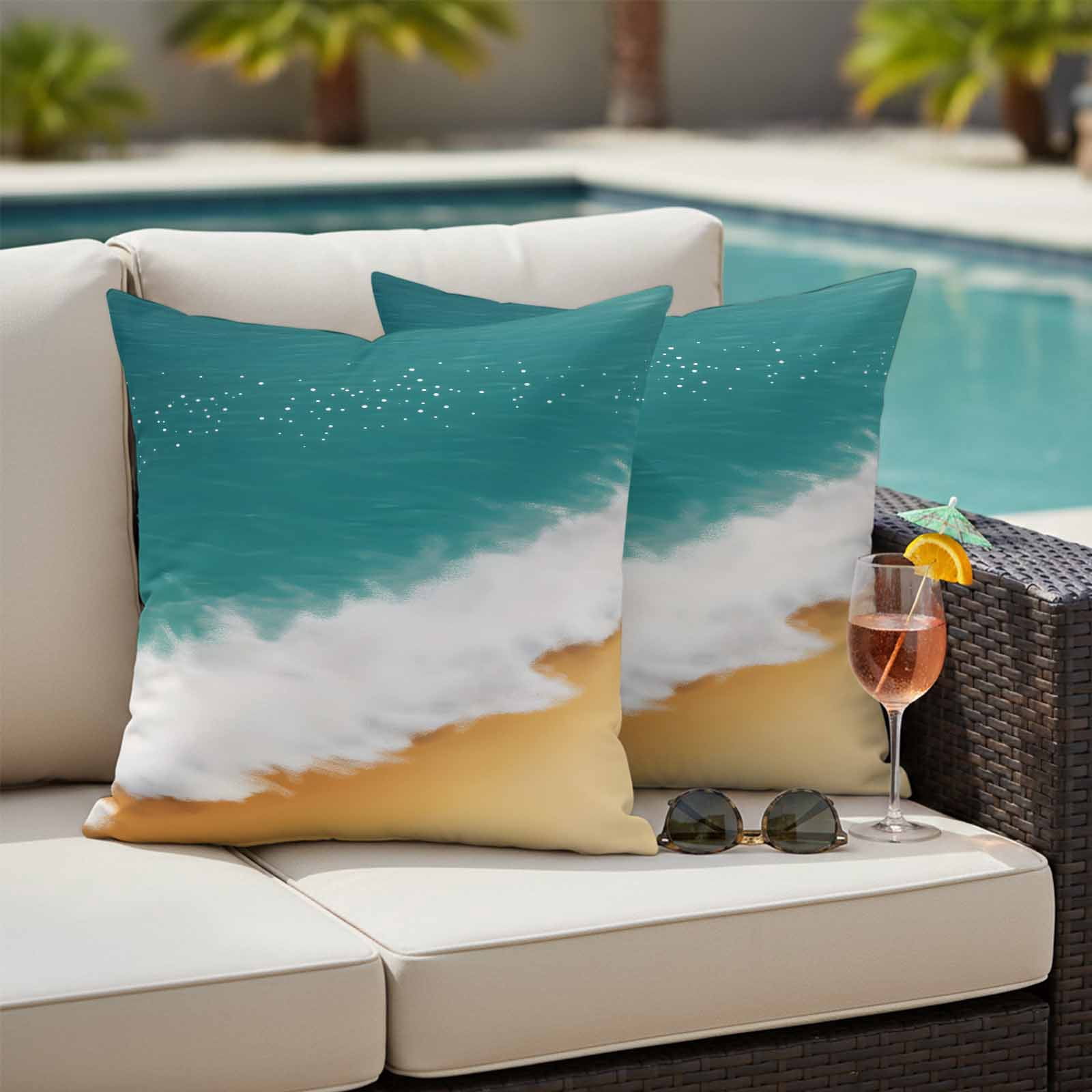 Abstract Beach Waves Outdoor Throw Pillow Covers Set of 2, Blue Yellow ...