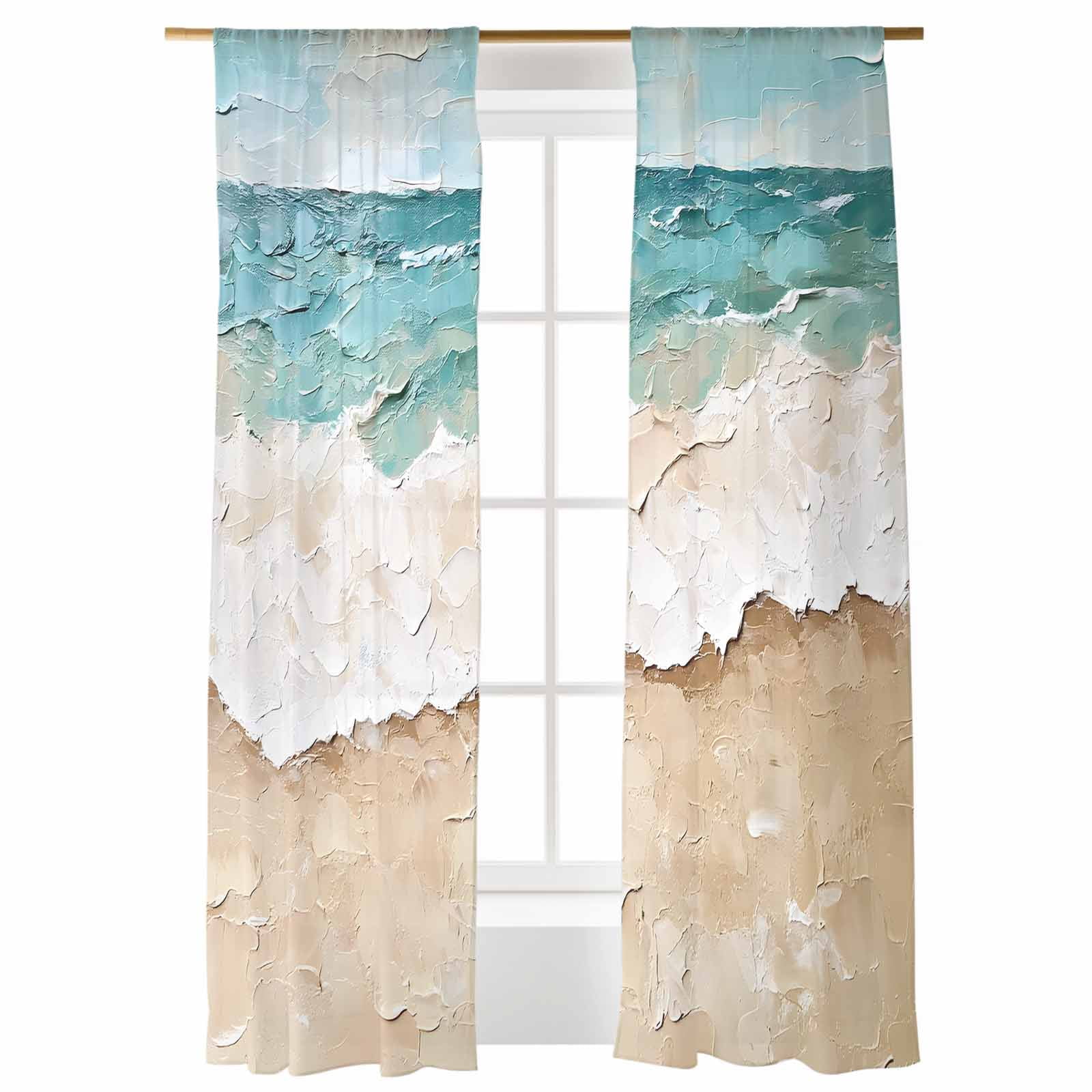 Abstract Beach Waves Sheer Curtains 108 inches Long 2 Panels Set Retro ...