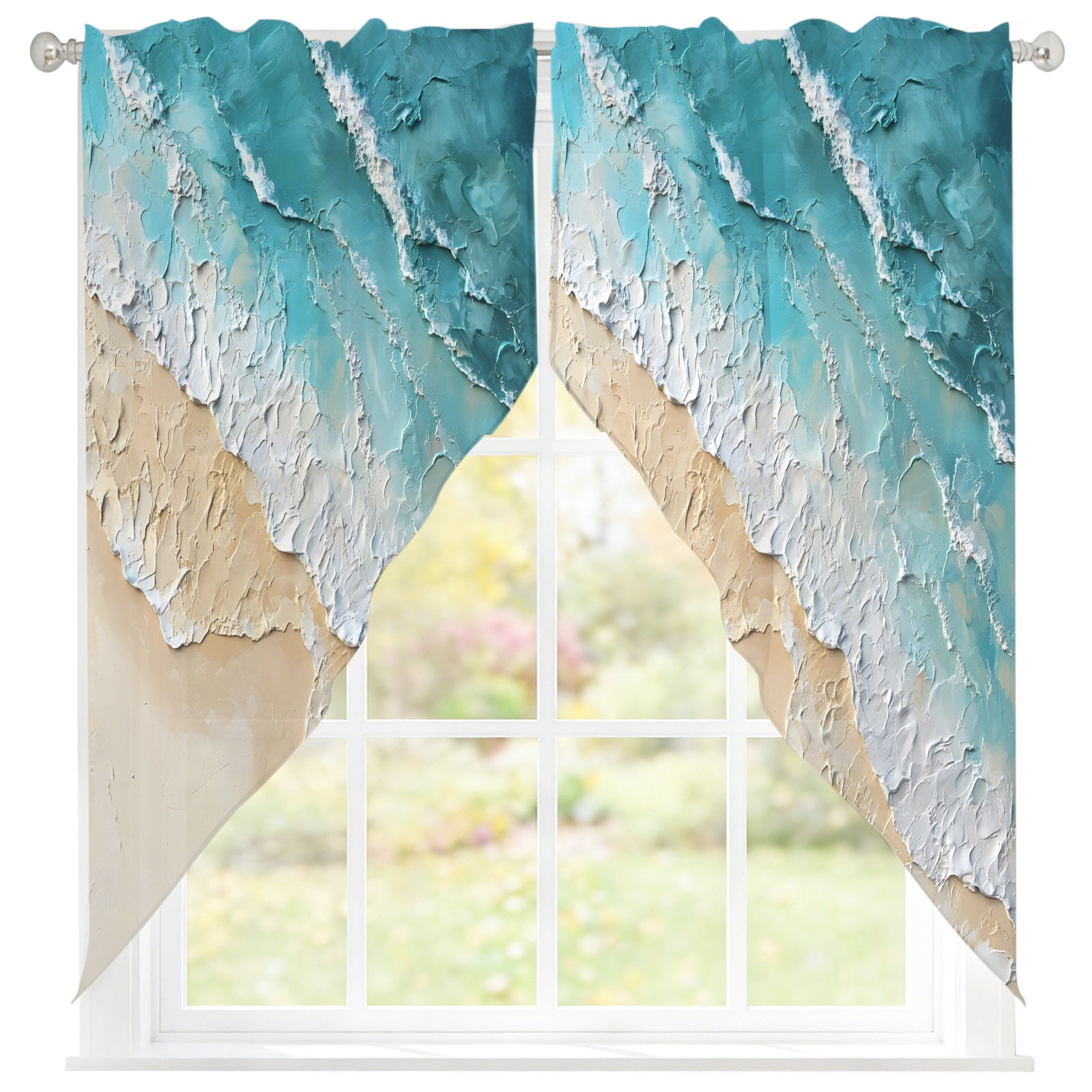 Abstract Beach Waves Sheer Curtains Swag Valances for Windows Blue ...