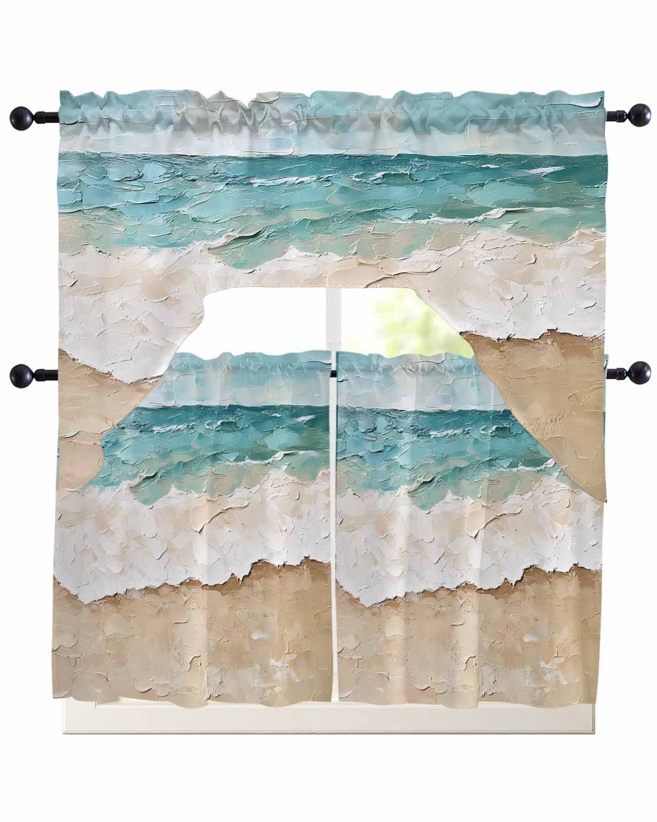 Abstract Beach Waves Swag Valance and Tier Curtains Set Retro ...