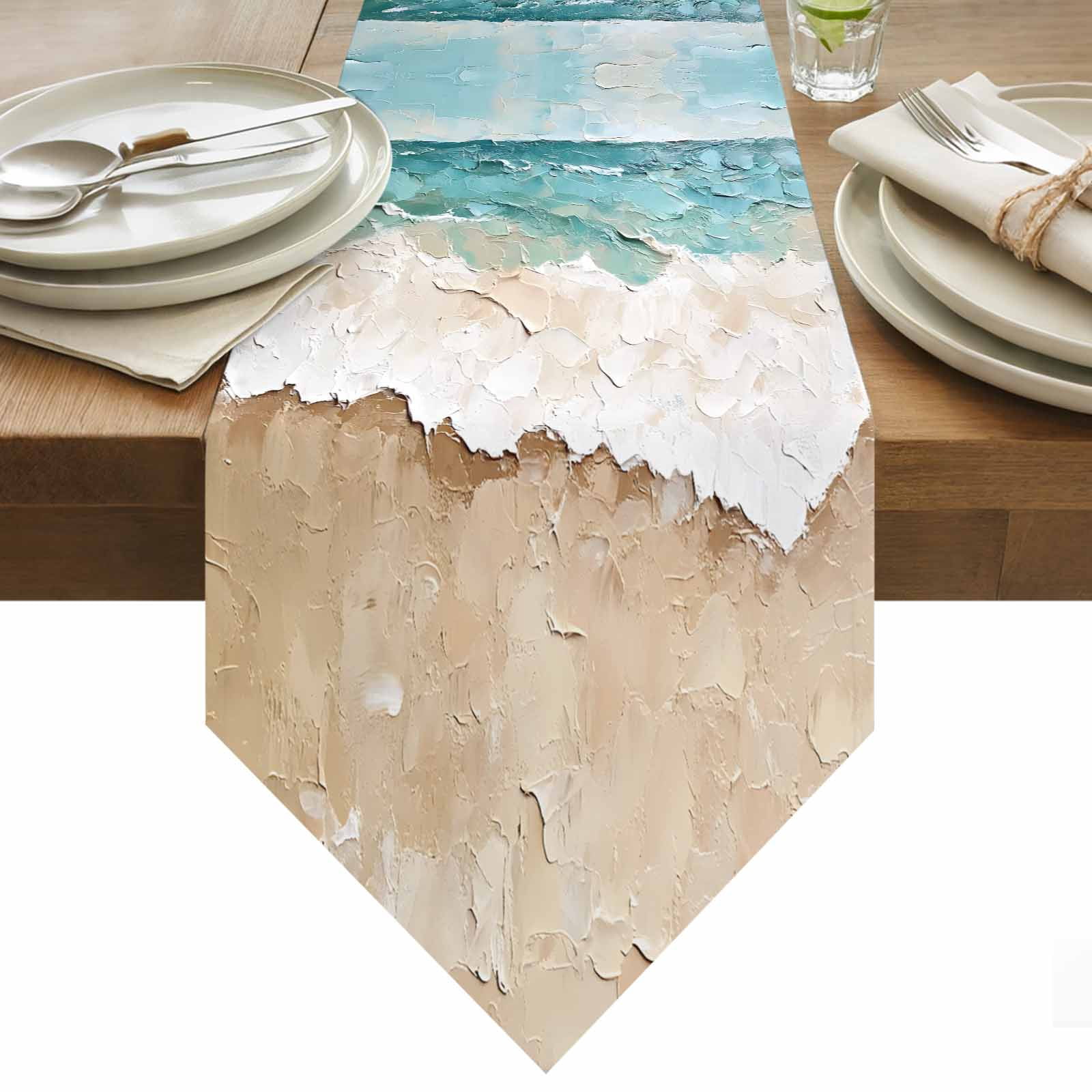 Abstract Beach Waves Table Runner 70 Inches Long Retro Watercolor Blue ...