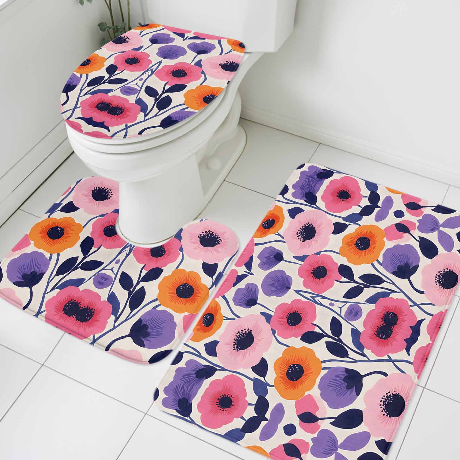 Abstract Beauty Flowers Bathroom Rugs Set Watercolor Pink Purple Floral ...