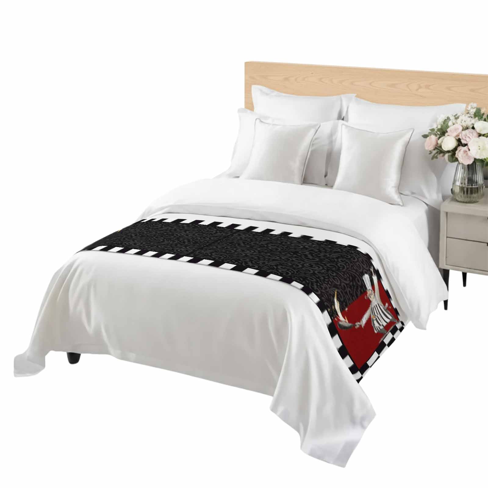 Abstract Bed Runner Queen Size Cartoon Style Chef White Black Checkered ...
