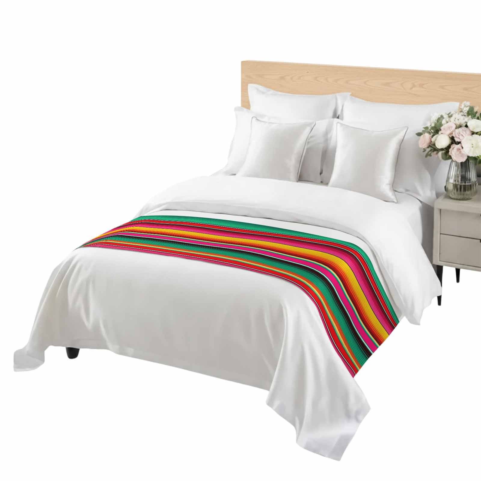 Abstract Bed Runner Queen Size Colorful Mexican Stripe Green Red Orange ...