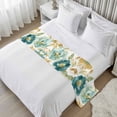 Abstract Bed Runner Scarf, Green Peony Pattern Petals Leaves Gold Lines ...