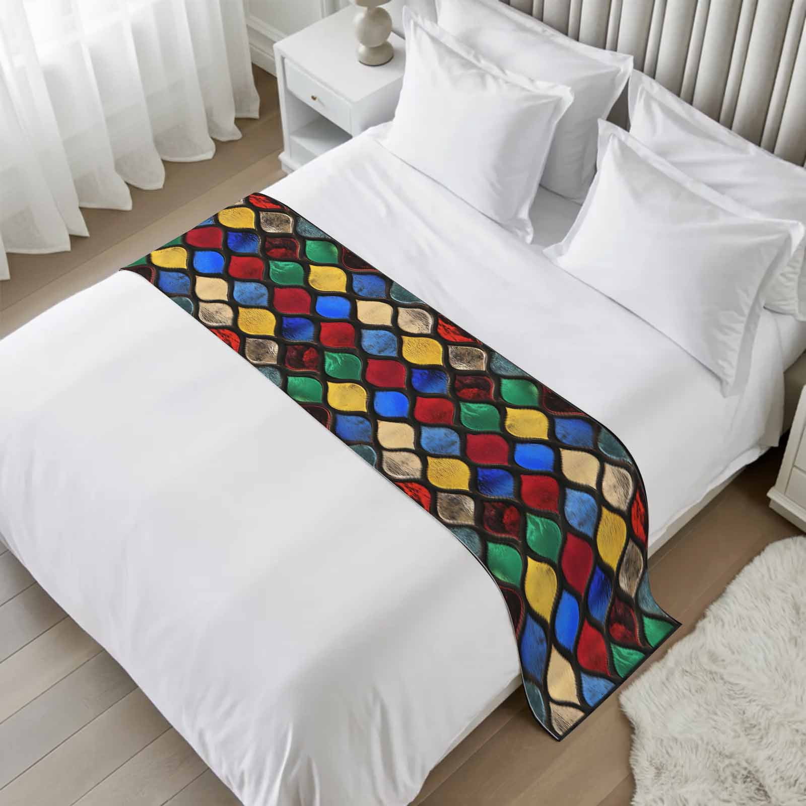 Abstract Bed Runner Scarf, Stained Glass Moroccan Texture Full Bed ...