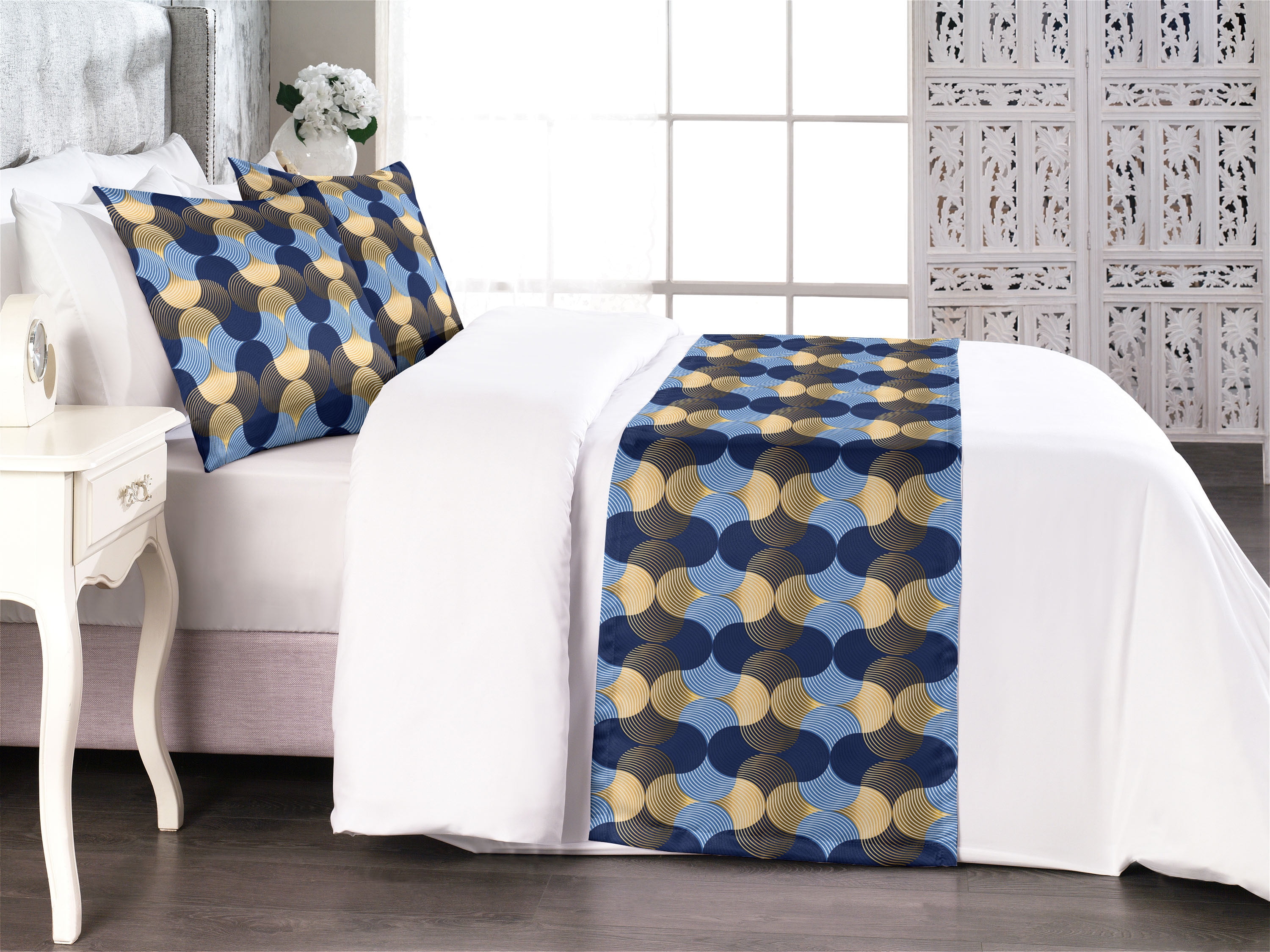 Abstract Bed Runner Set, Swirly Geometric Lines Op Illusion Art Deco ...