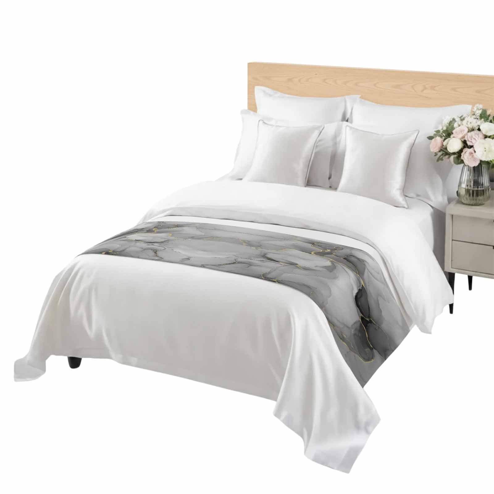 Abstract Bed Runner Twin Size Gray Golden Marble Fluid Lines Soft Bed ...