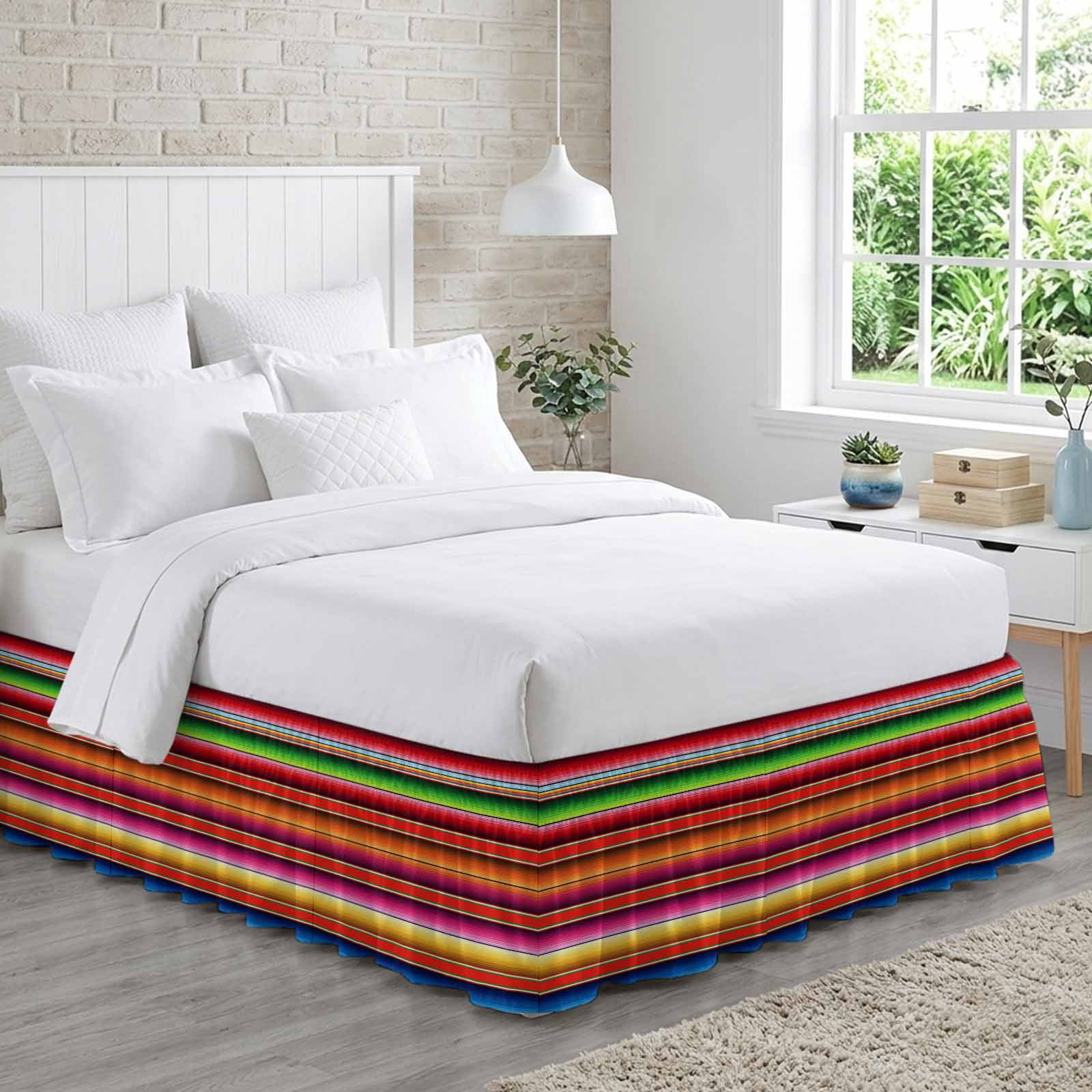 Abstract Bed Skirt Queen Size 16 Inch Drop, Colorful Mexican Stripe ...