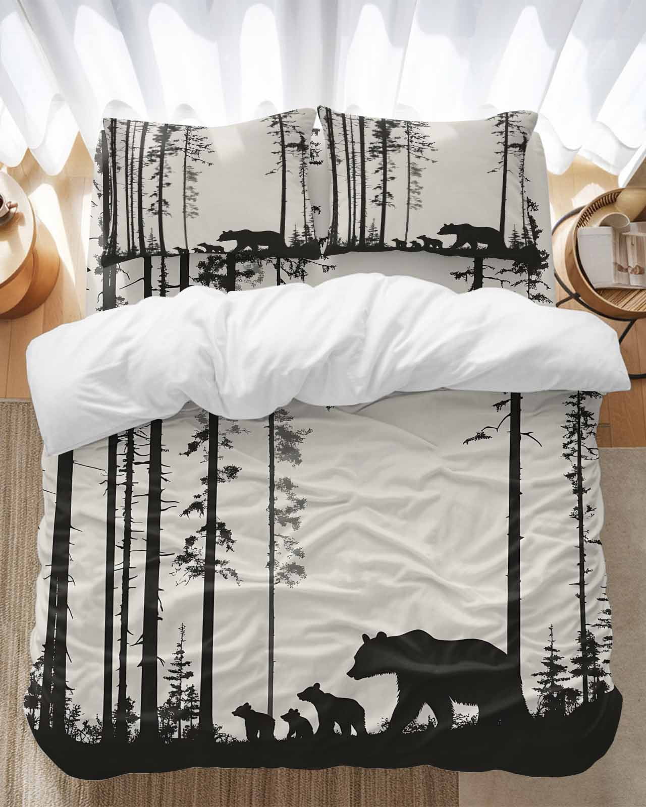 Abstract Bedding Duvet Cover Set Twin Size 4 Pieces Bear Family Forest ...