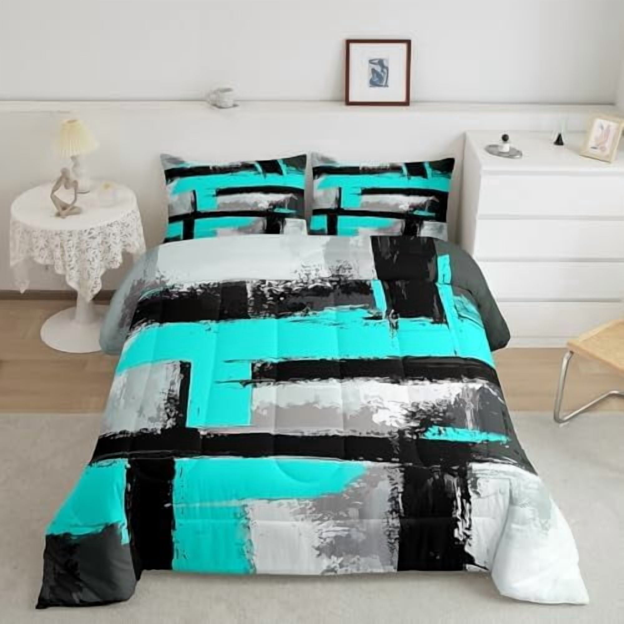 Abstract Bedding Set Full Size Teal Black Grey Abstract Art Comforter ...