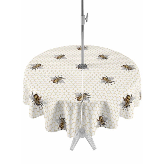 Abstract Bee Round Outdoor Tablecloth with Umbrella Hole Hive Lines ...