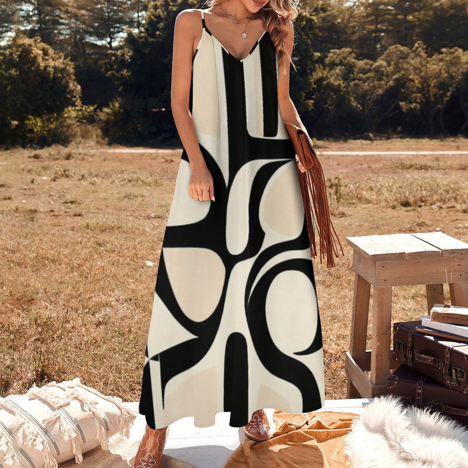 Abstract Beige Black Art Design Sleeveless Dress Elegant gowns women's ...