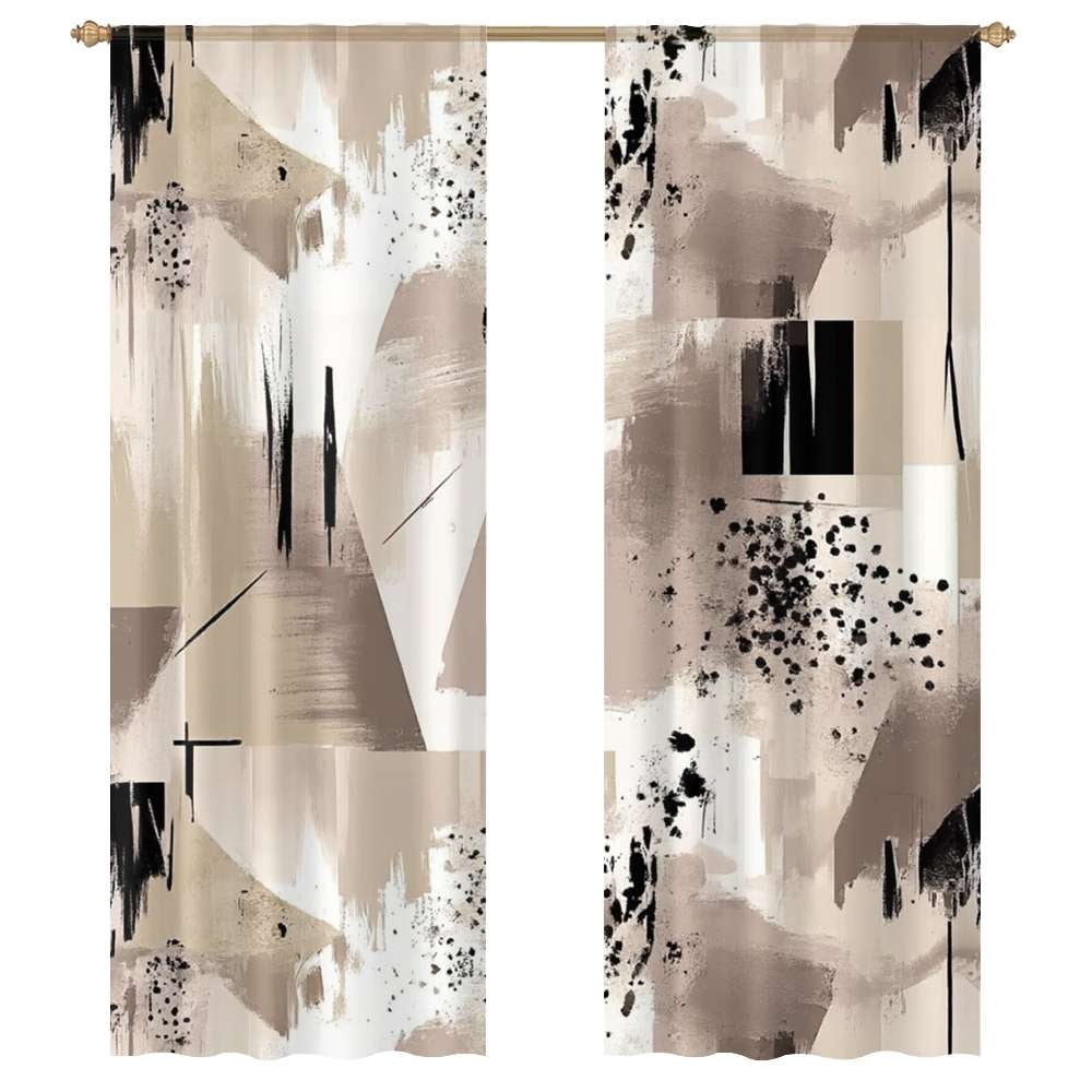 Abstract Beige Black Artwork Design Sheer Window Curtains for Living ...