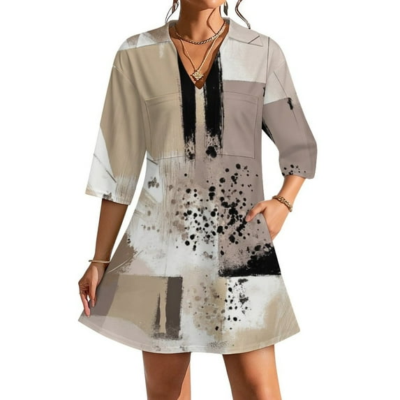 Abstract Beige Brown Artwork Womens Dress With Pockets Summer V Neck 3/ ...