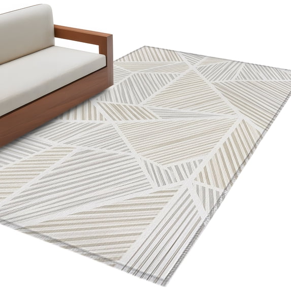 Abstract Beige Cream Area Rug 4x6 Washable Rug Non Slip Geometric Line ...