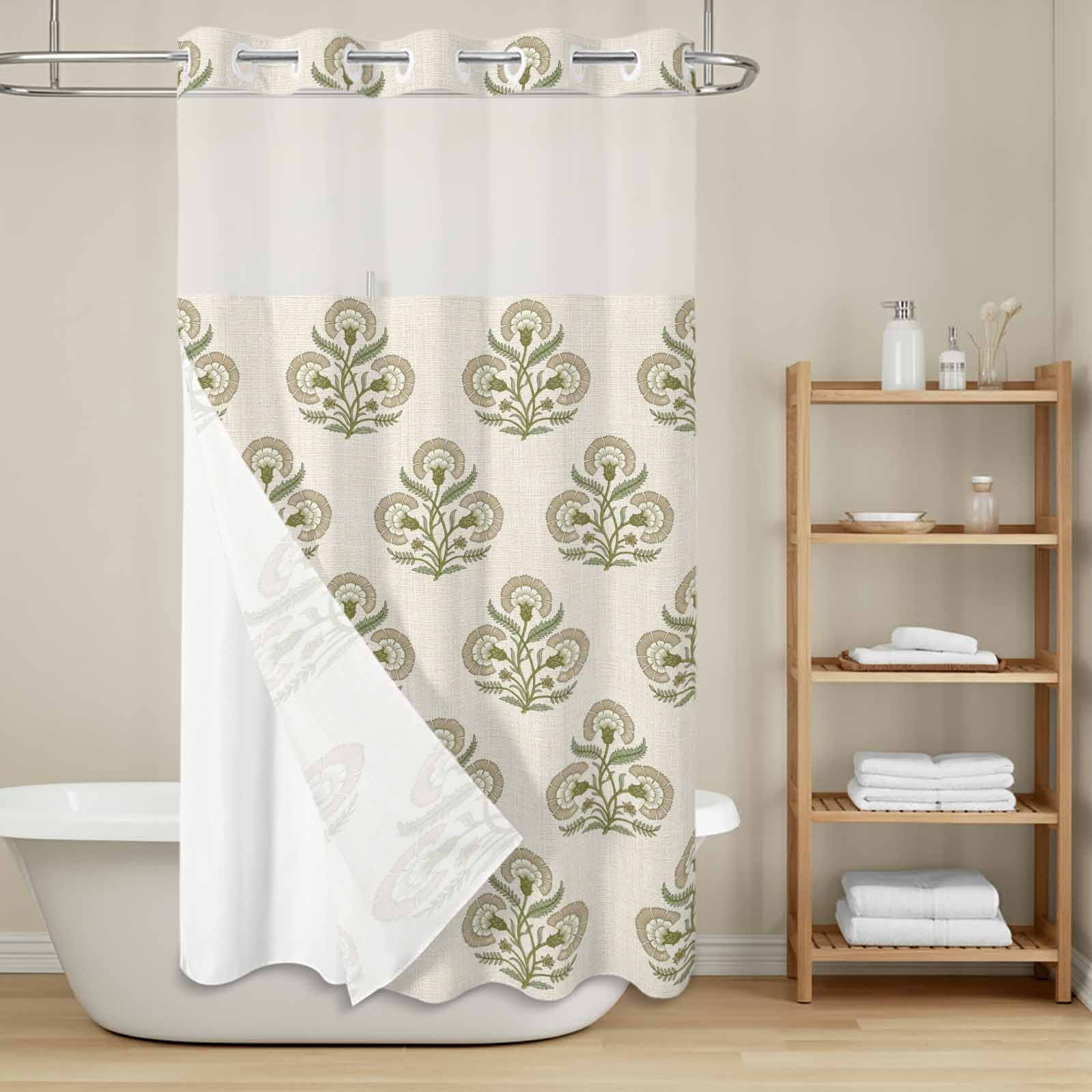 Abstract Beige Floral Shower Curtain with Snap in Liner, Vintage Exotic ...