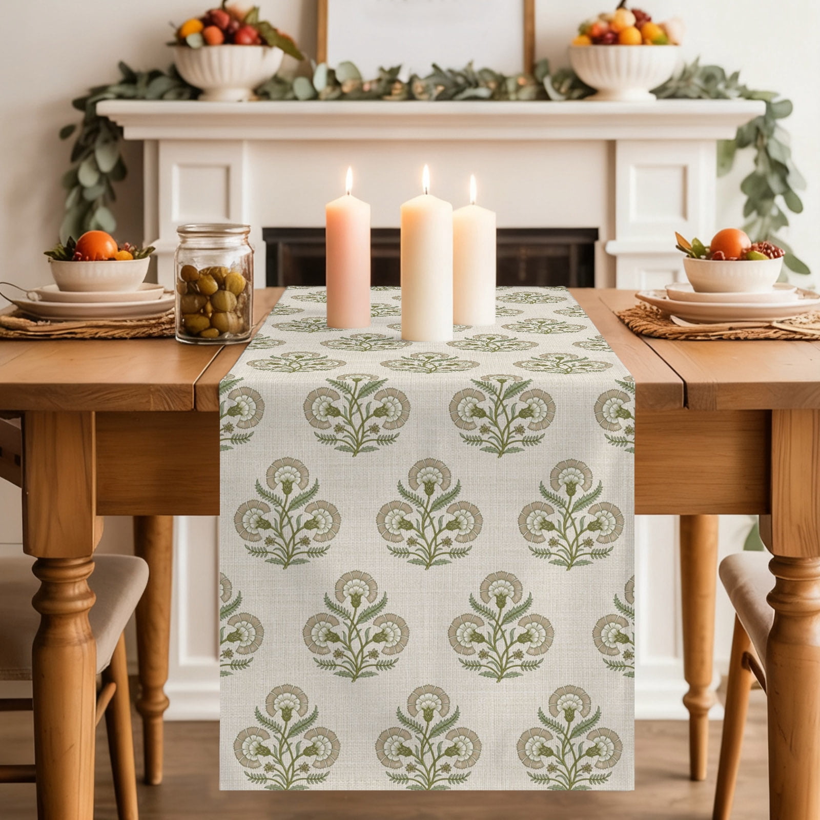 Abstract Beige Floral Table Runner, Vintage Exotic Tribal Pastoral ...