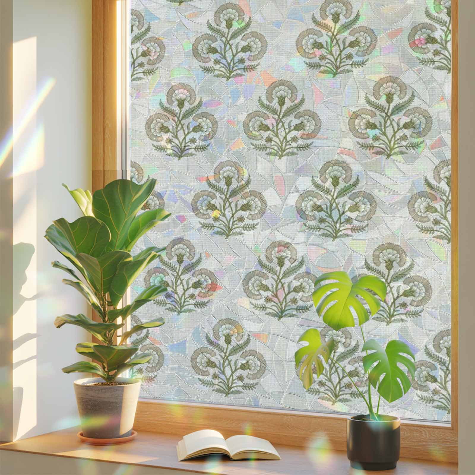 Abstract Beige Floral Window Privacy Film, Vintage Exotic Tribal ...